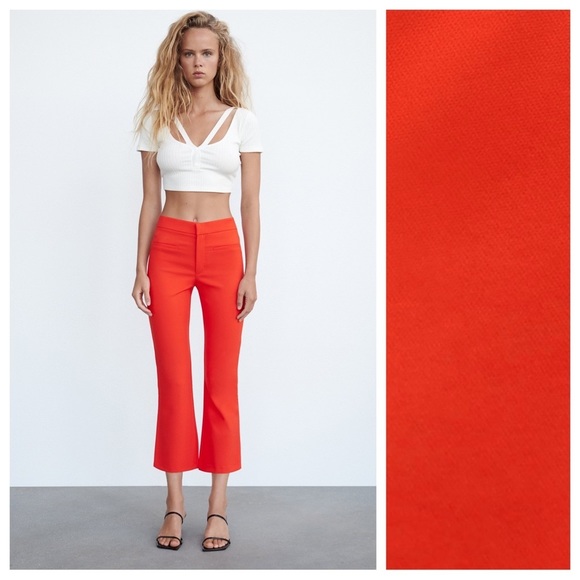 Zara | Pants & Jumpsuits | Nwt Zara Red Orange Mini Flare Highwaisted ...